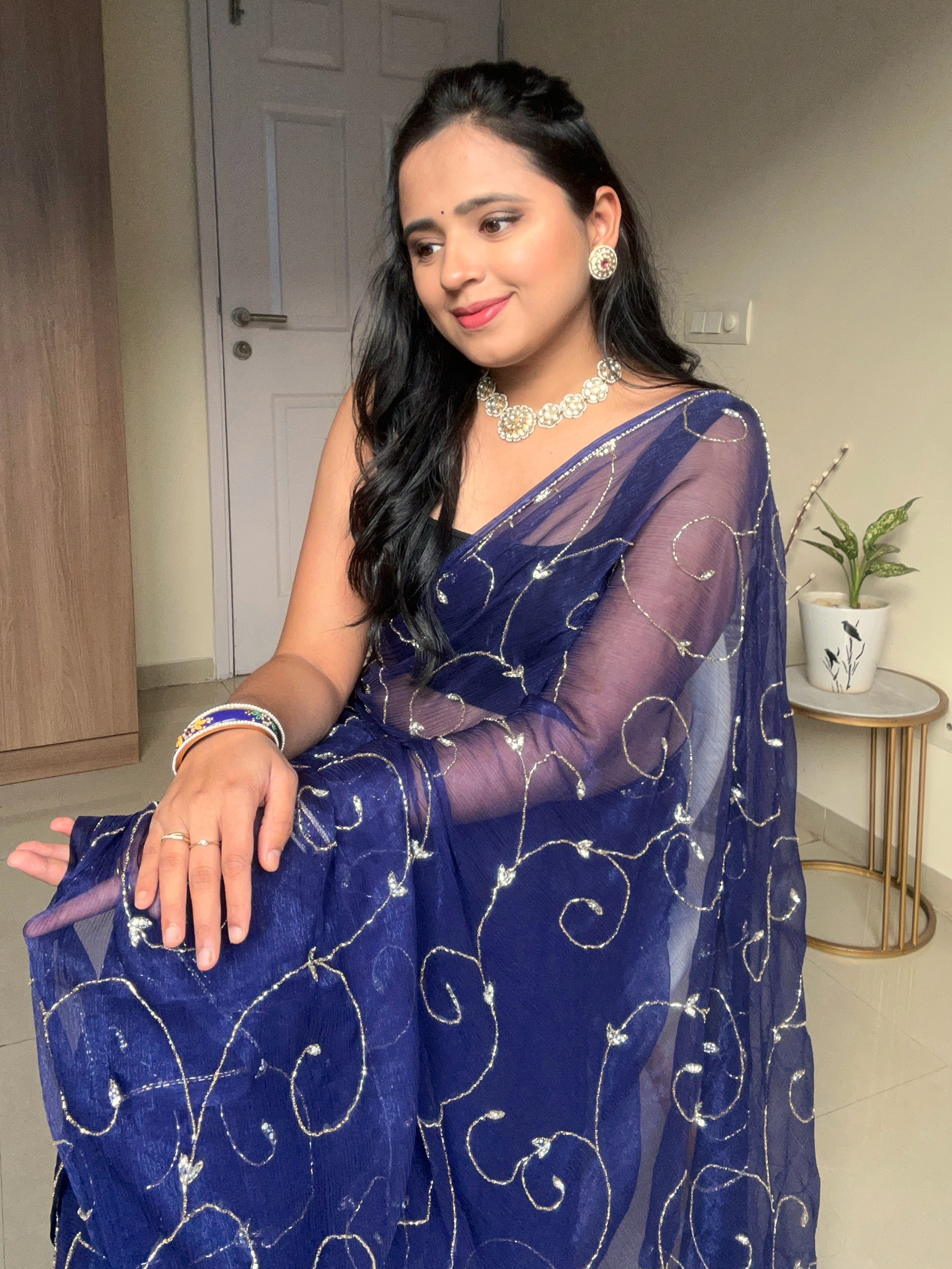 Banno Tera Swagger -Jaal Embroidery Pre-Pleated Shimmer Chiffon Saree – Local Nation