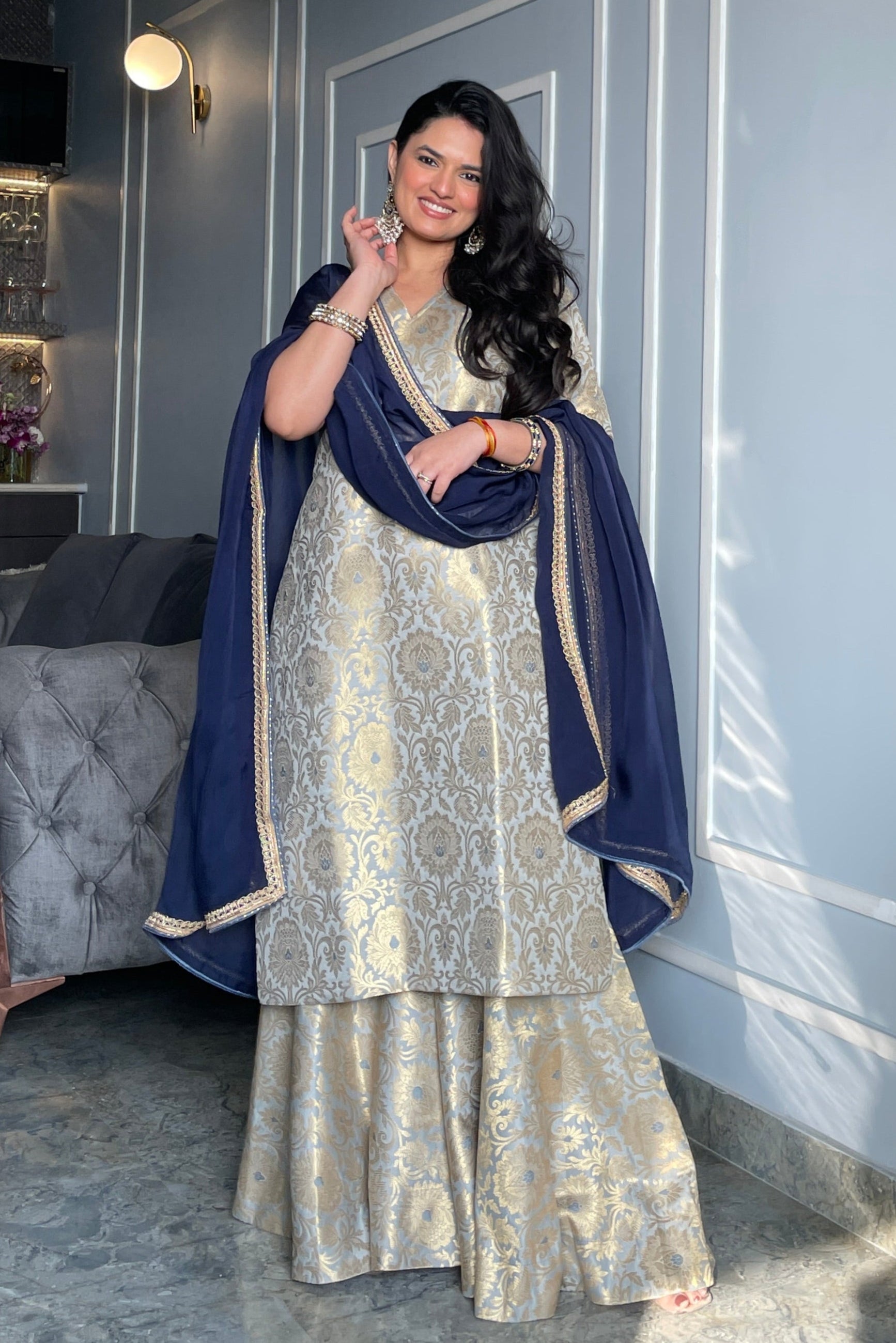 Meera Banarasi Brocade 3 Piece Gharara Set - Grey – Local Nation