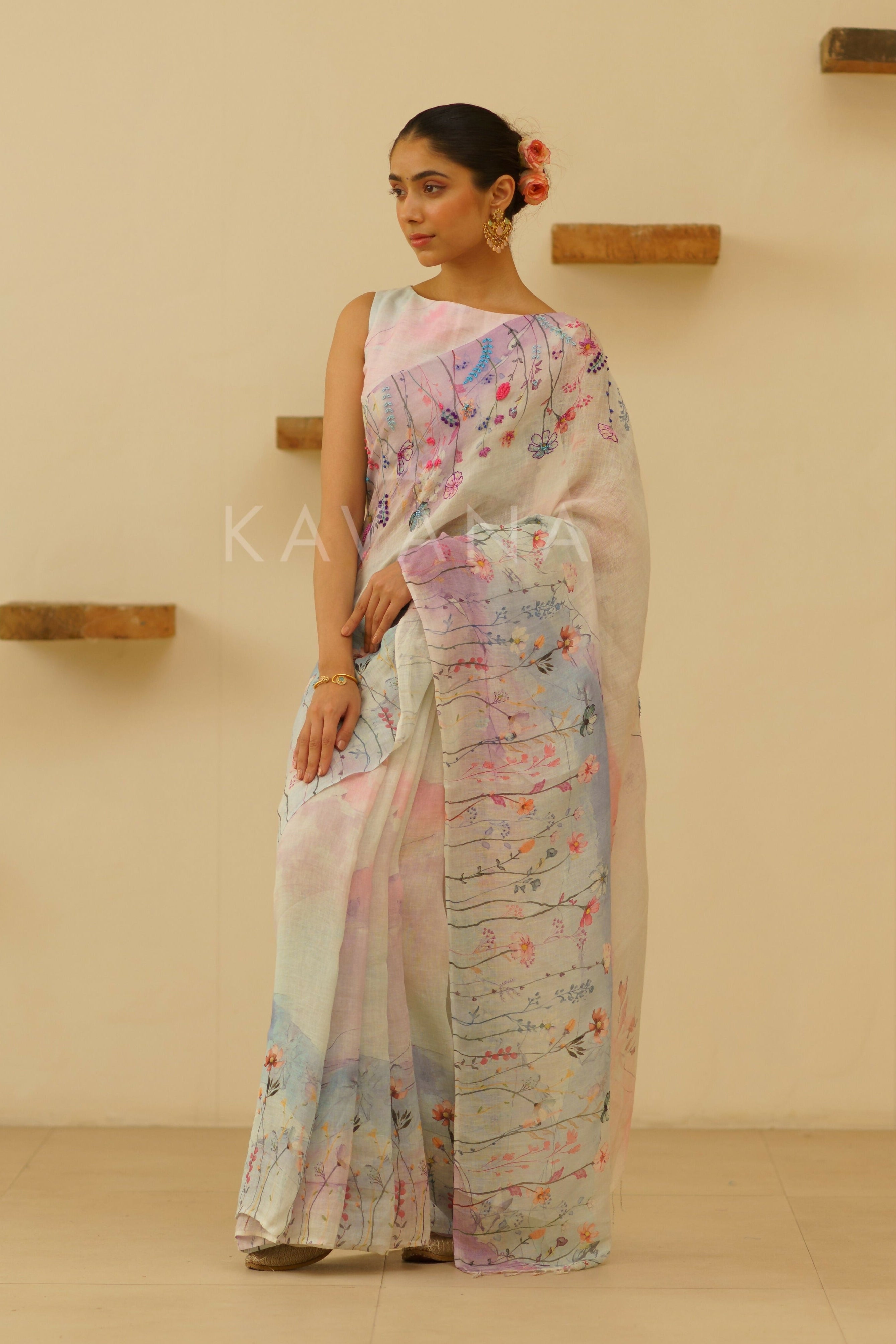Seher Floral Embroidery Linen Sari – Local Nation