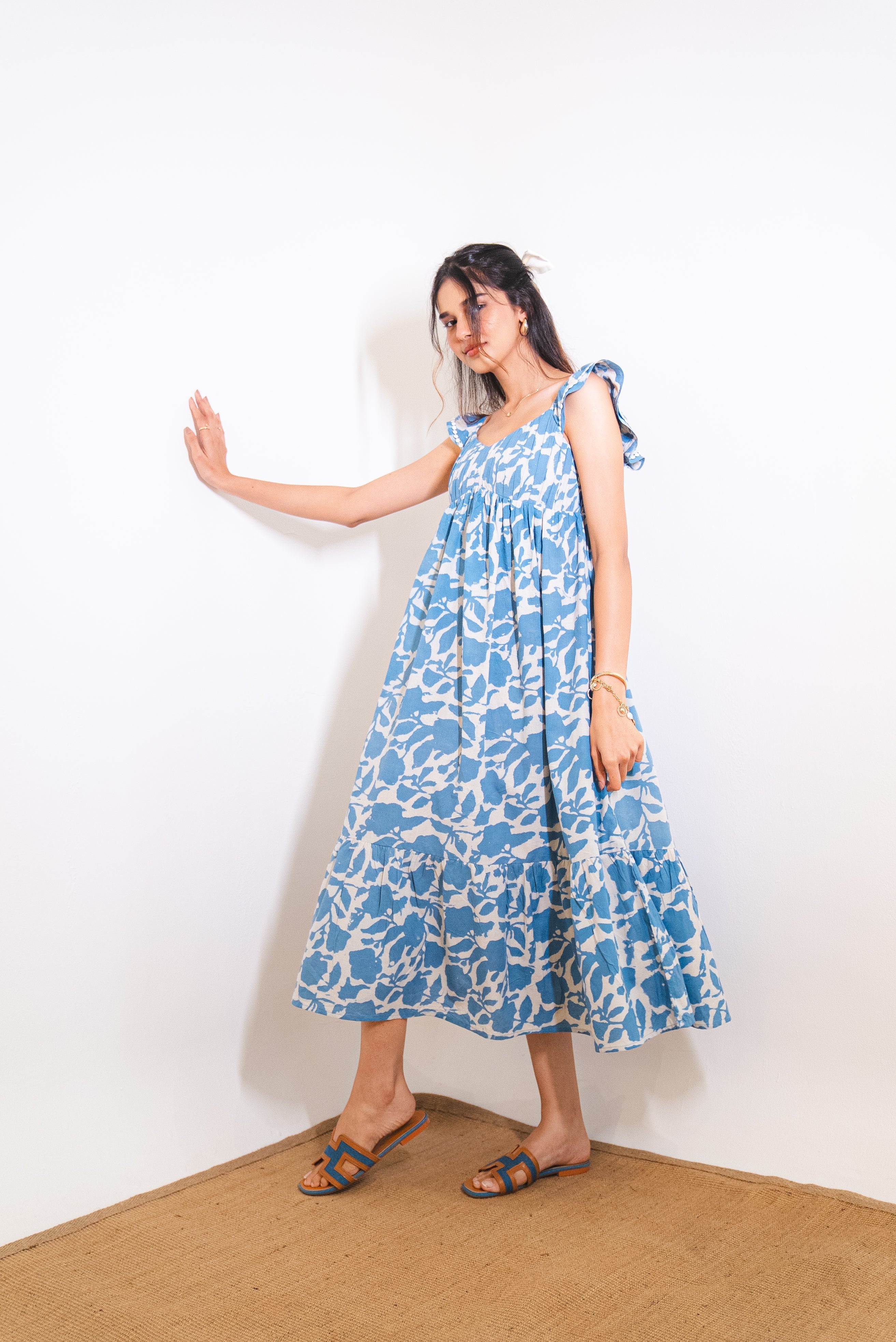 Powder Blue Floral Hand-Block Printed Cotton Maxi Dress with Pocket ...