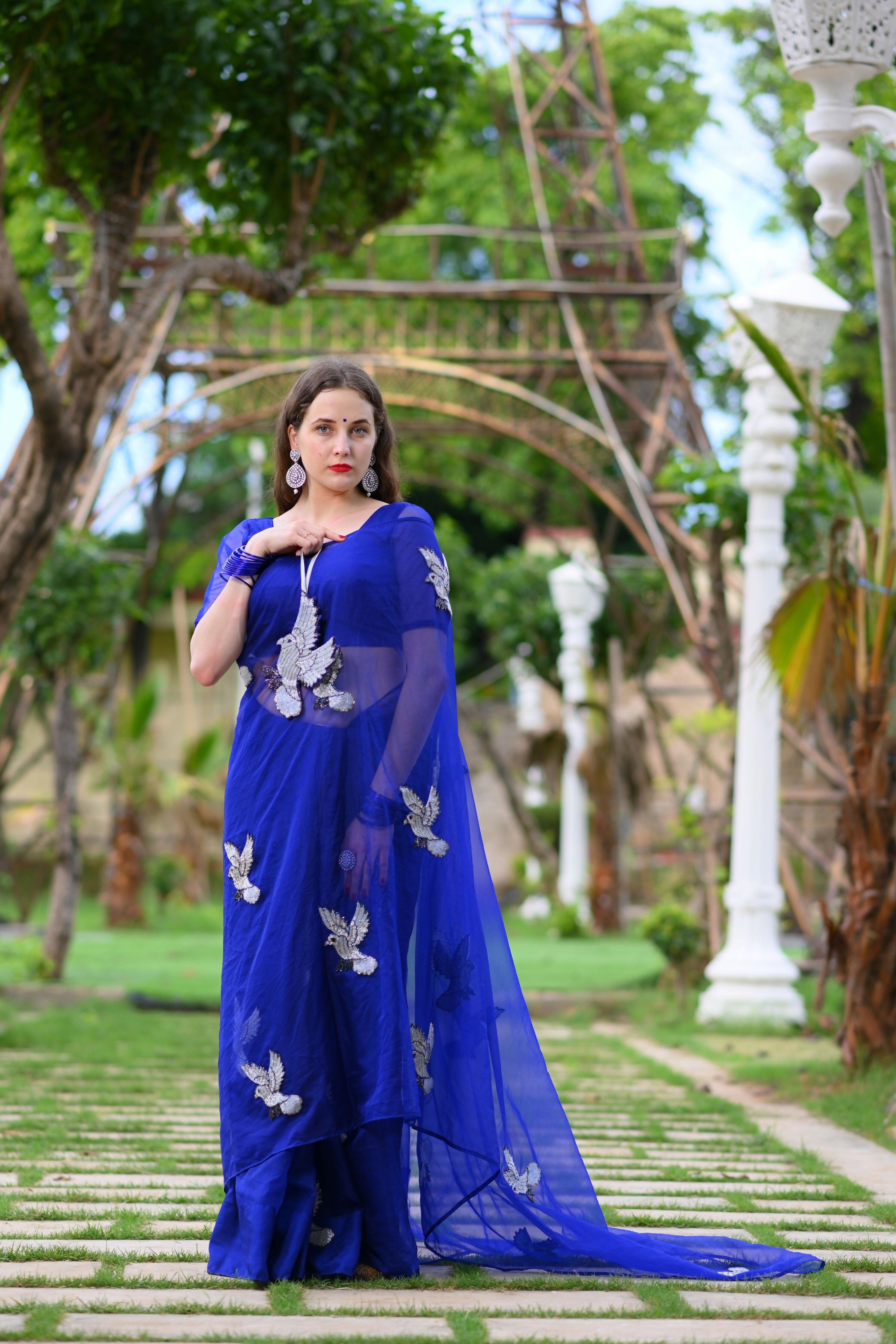 Bird Hand Embroidered Royal Blue Pure Silk Organza Saree – Local Nation